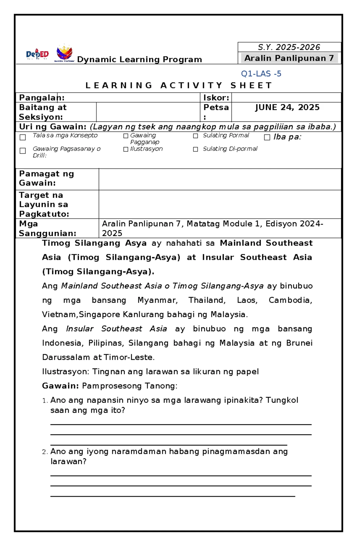 AP 7 - Dynamic Learning Program: Timog Silangang Asya Activity - Studocu