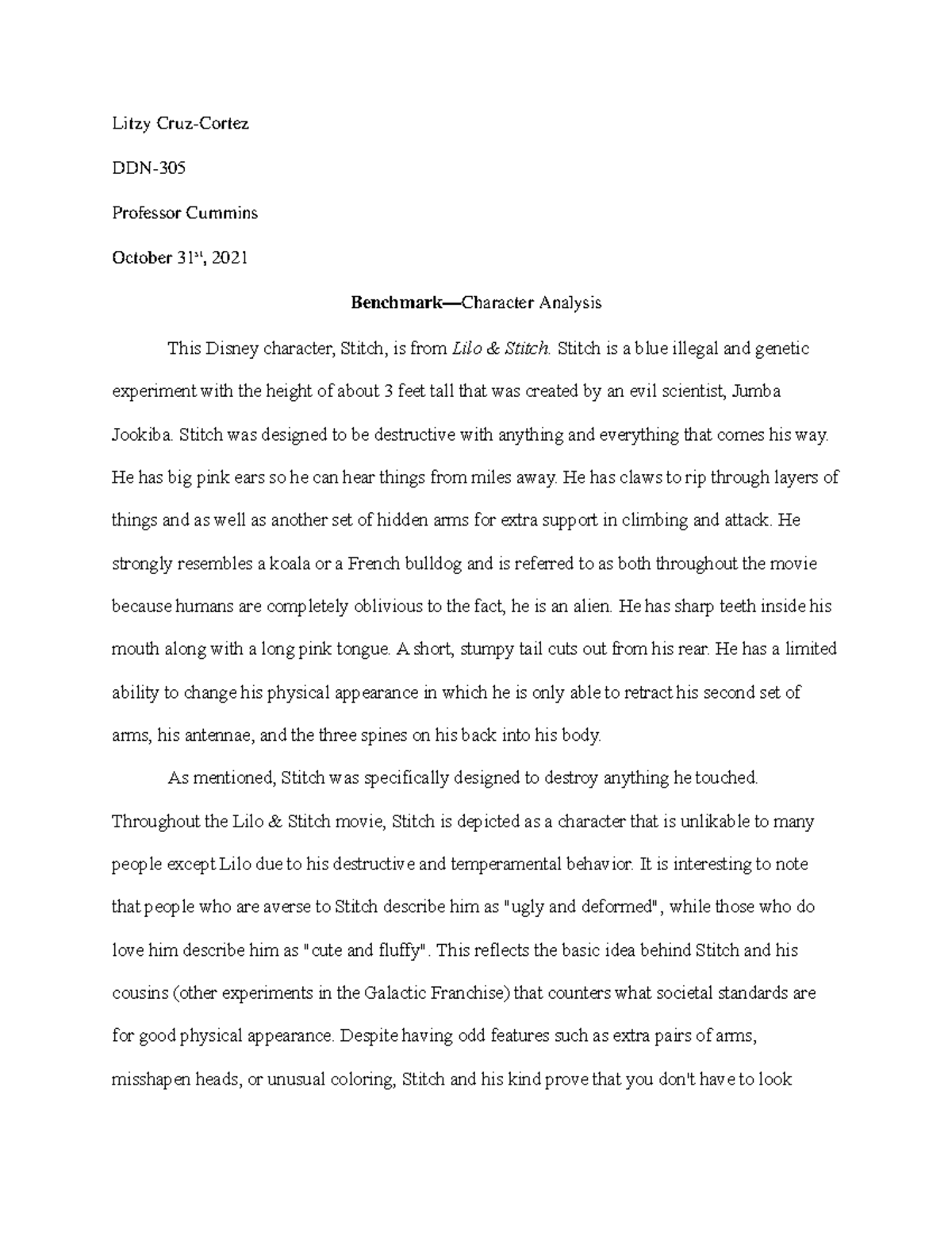 Benchmark Character Analysis - Litzy Cruz-Cortez DDN- Professor Cummins ...