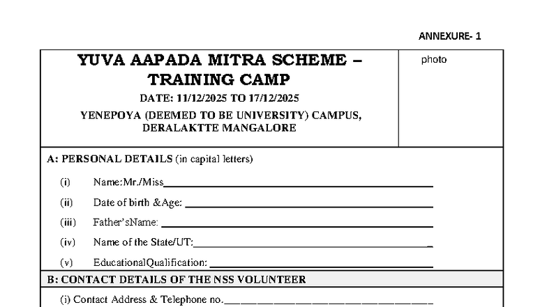 YUVA AAPADA MITRA SCHEME TRAINING CAMP - NSS Volunteer Form - Studocu