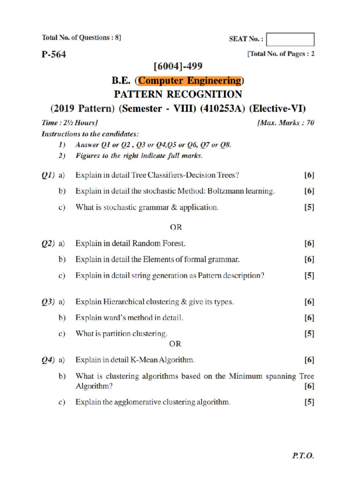 Question Paper: Pattern Recognition (Course Code: PR101) - Studocu