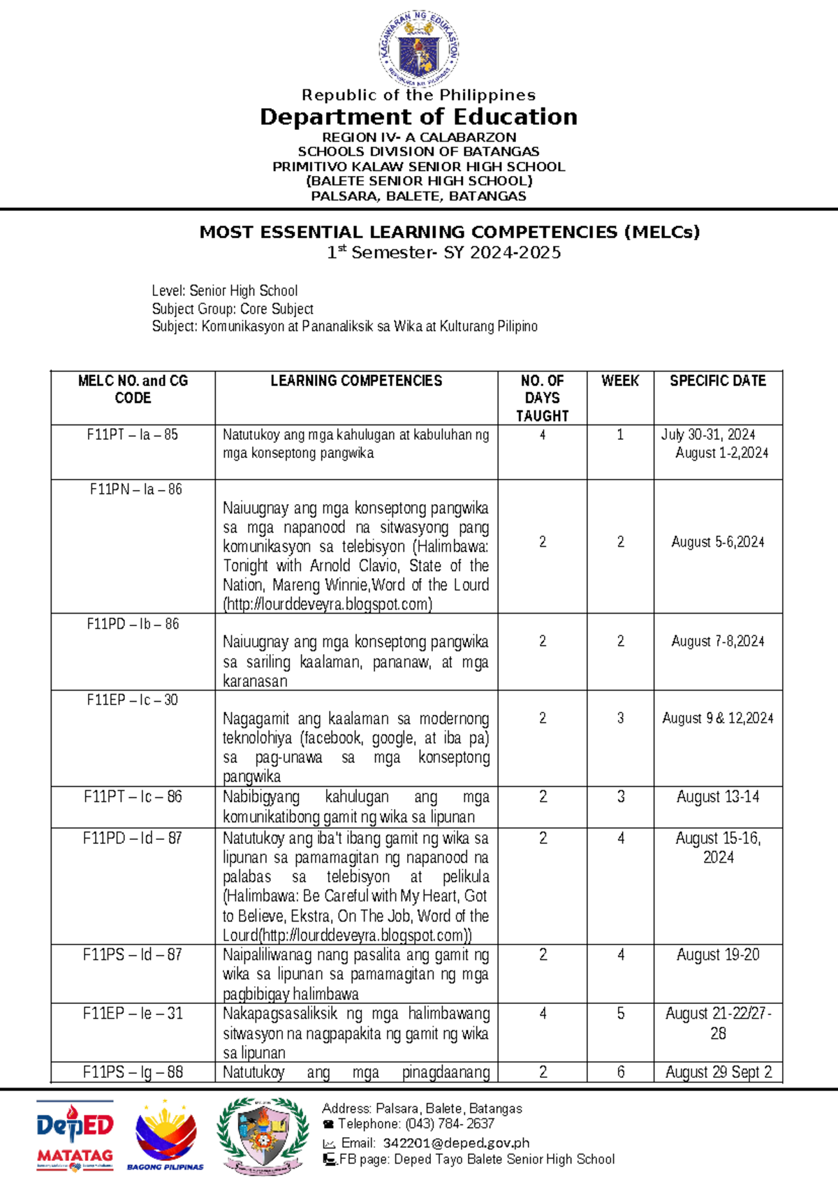 MELC Document for Senior High School - SY 2024 - Komunikasyon at ...