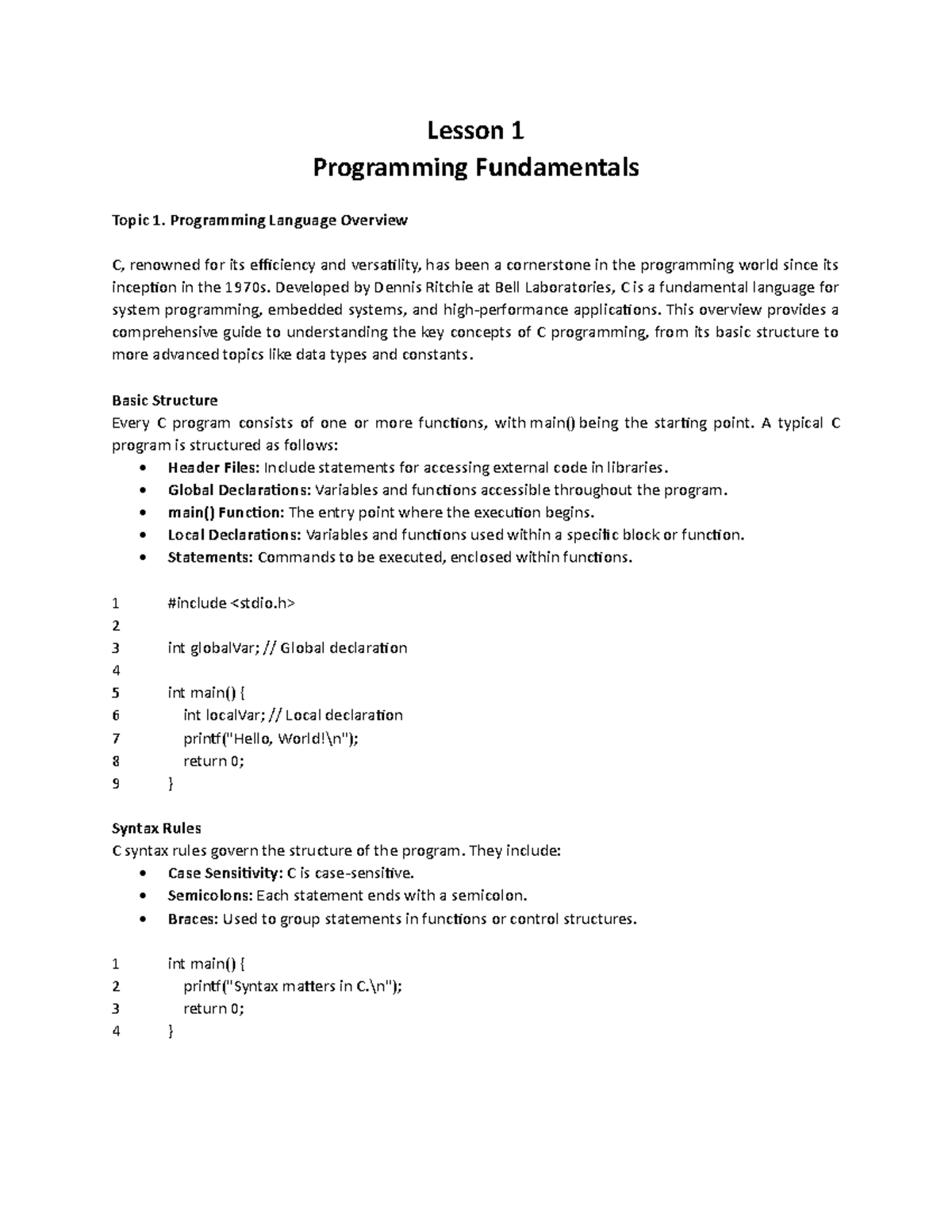 Lesson 1: Programming Fundamentals - Overview of C Language Concepts - Studocu