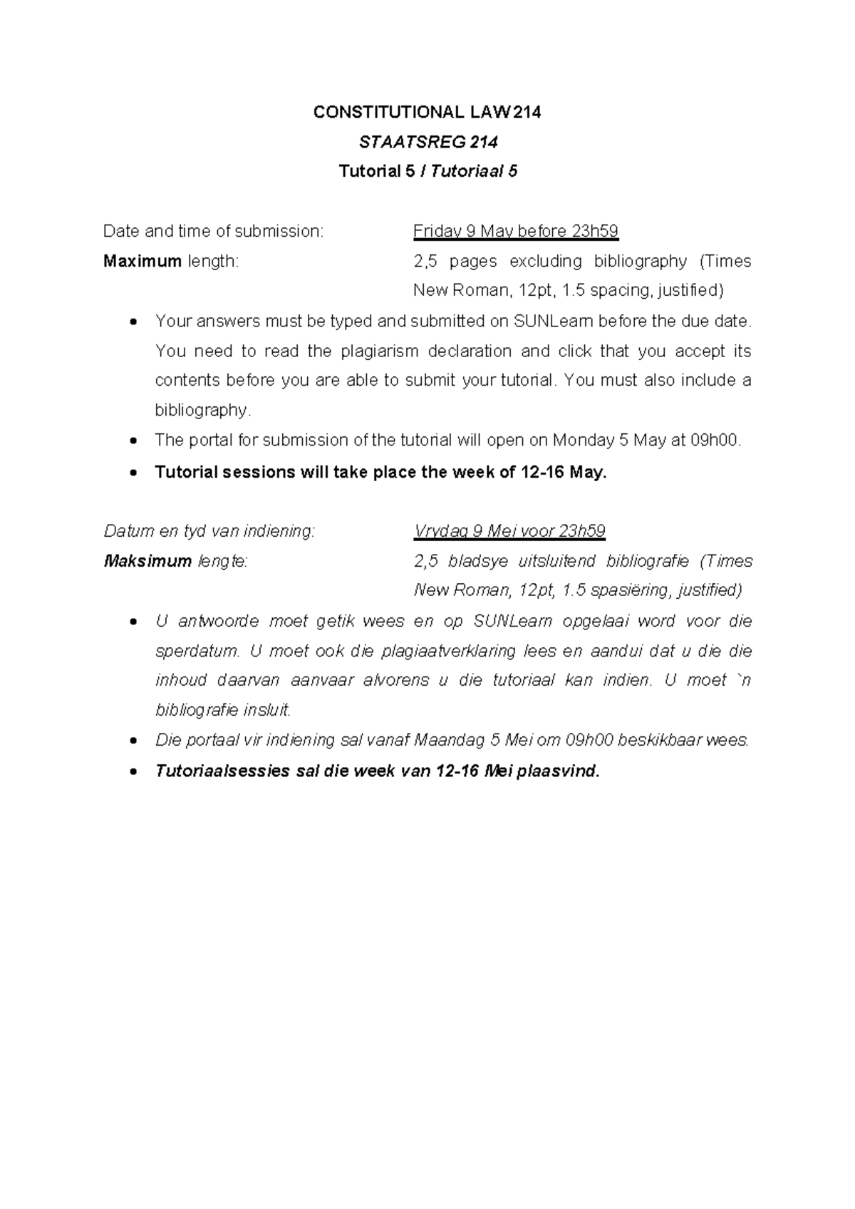 CONSTITUTIONAL LAW 214 STAATSREG 214 Tutorial 5 Submission Guidelines and - Studocu