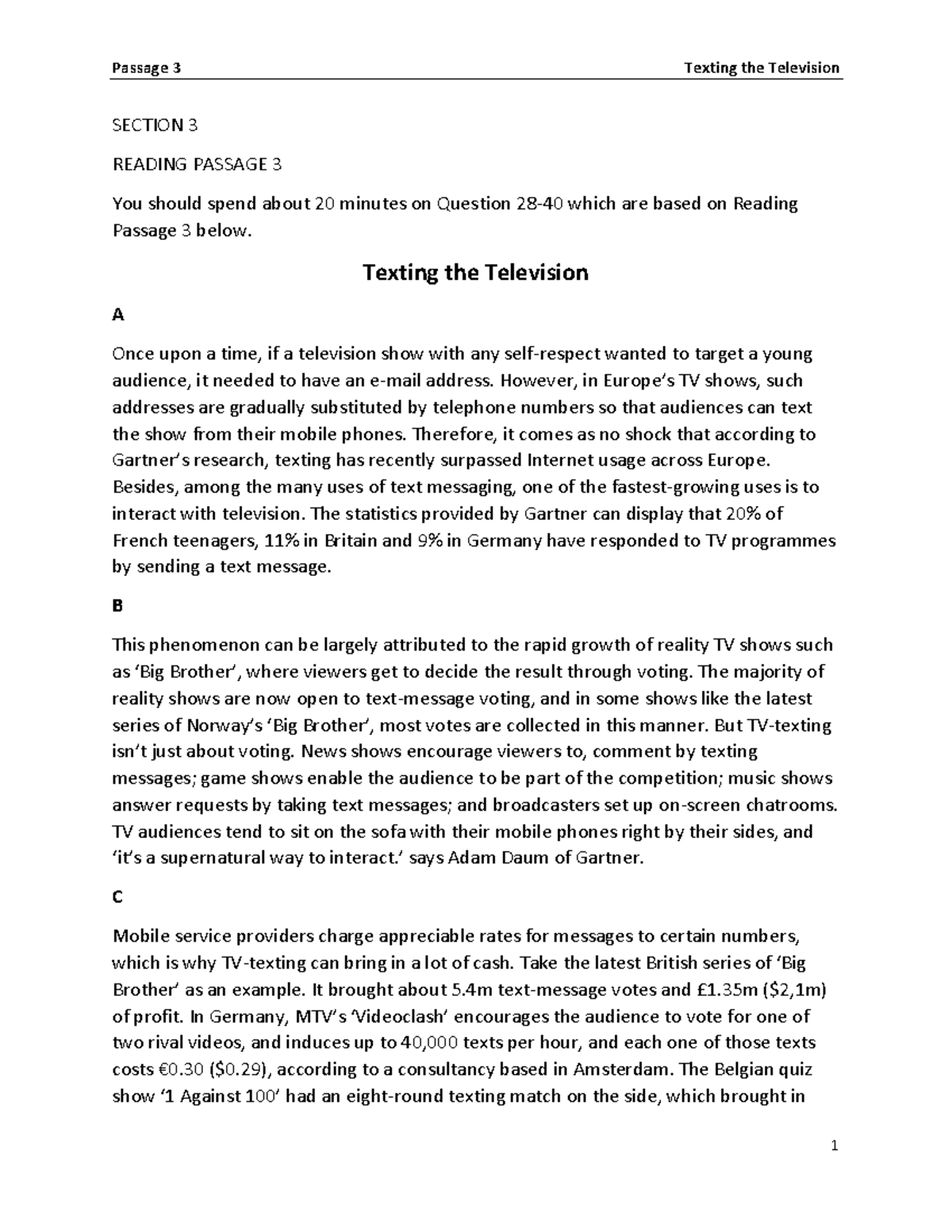 Passage 3 - Texting the Television: Interactive TV Insights (Q28-40 ...