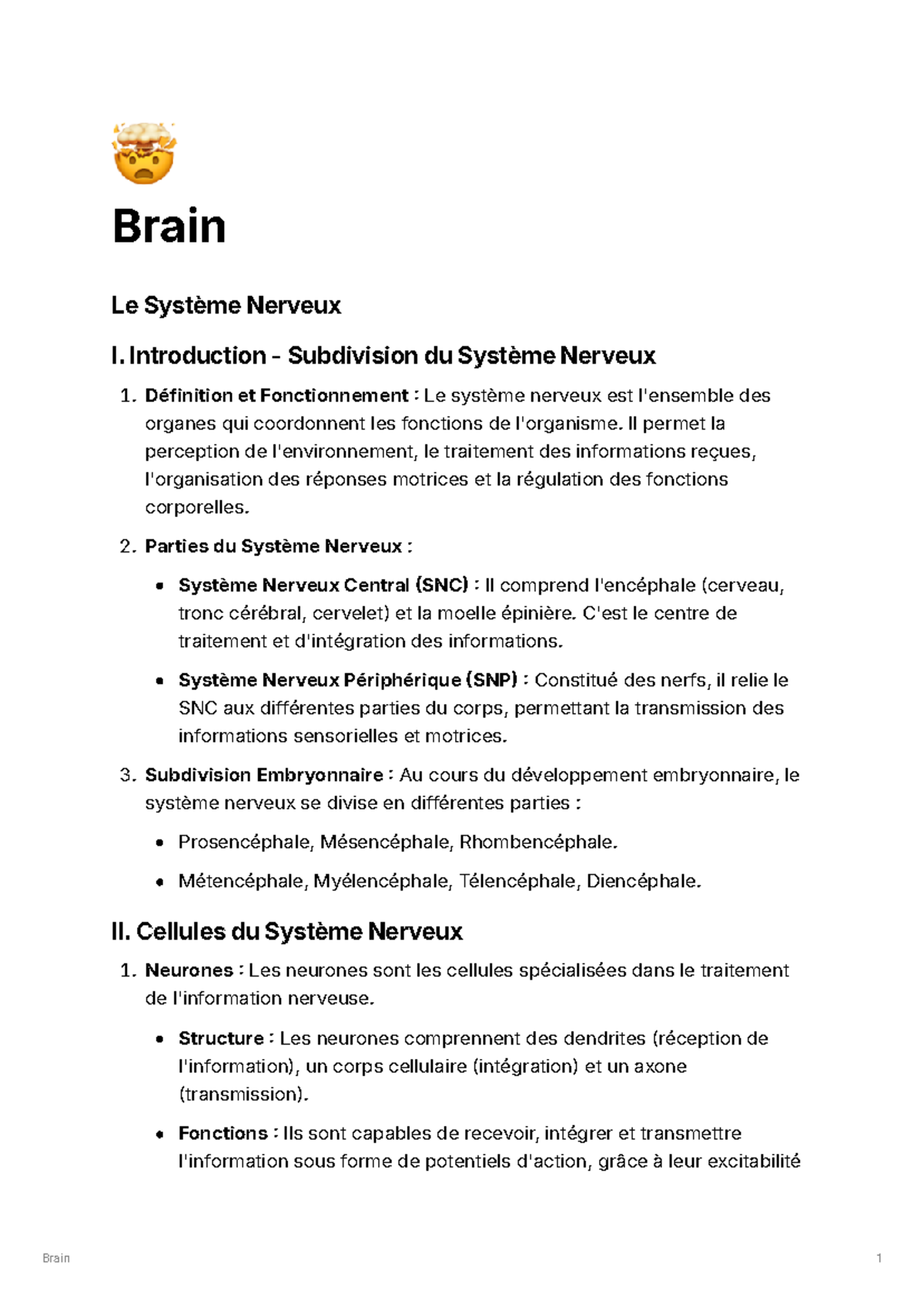 Brain - Introduction - Subdivision du Système Nerveux Définition et ...