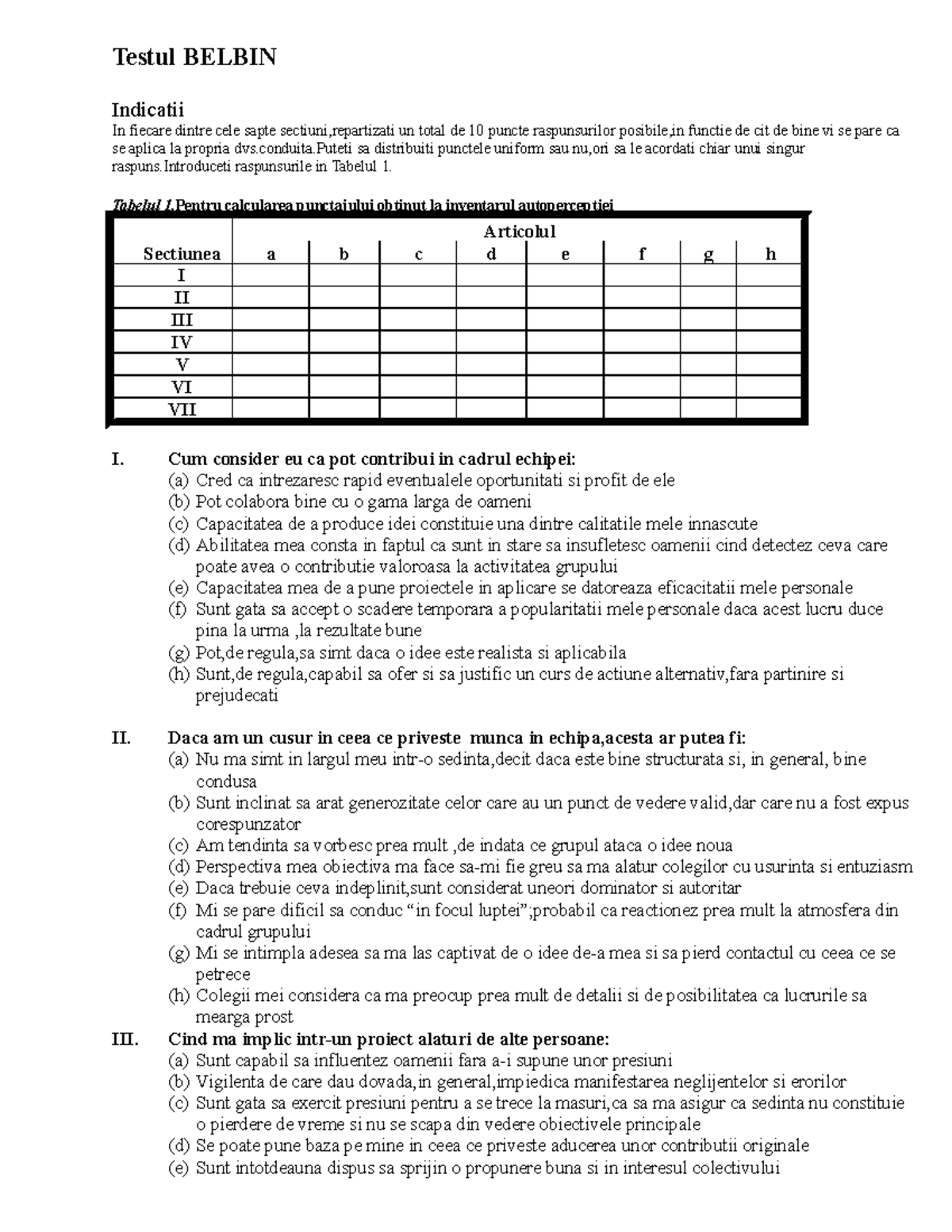 Rolurile În Echipă Conform Testului BELBIN - Indicații de Evaluare ...