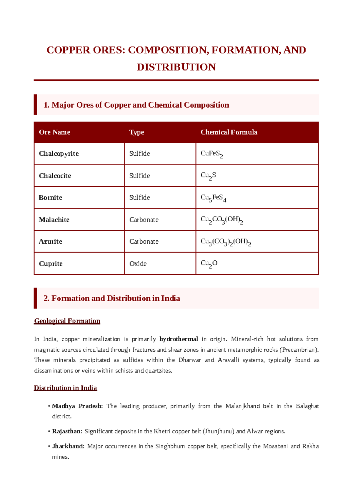COPPER ORES IN INDIA: COMPOSITION, FORMATION & DISTRIBUTION - Studocu