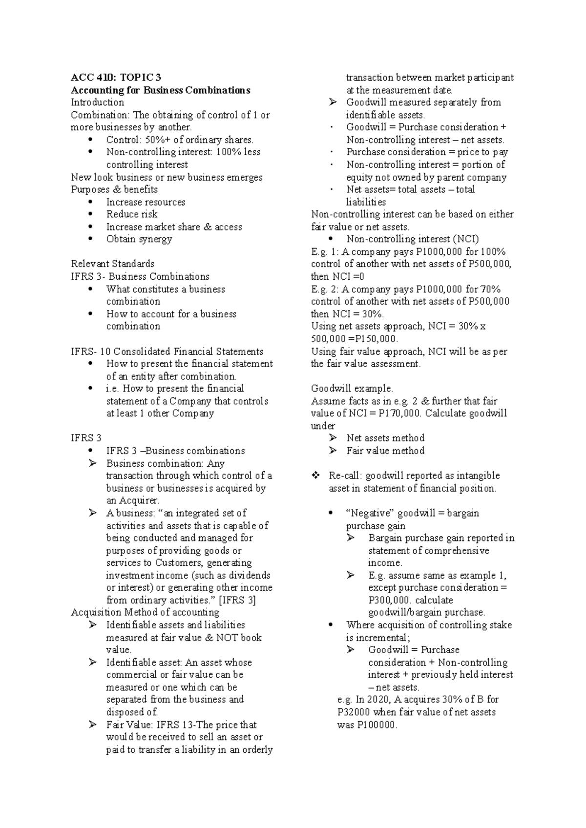 ACC 410: Topic 3 - Accounting for Business Combinations Notes - Studocu