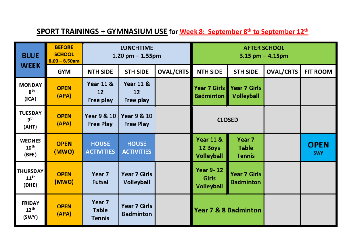GYM USE Schedule for Week 8: September 8-12 - Studocu