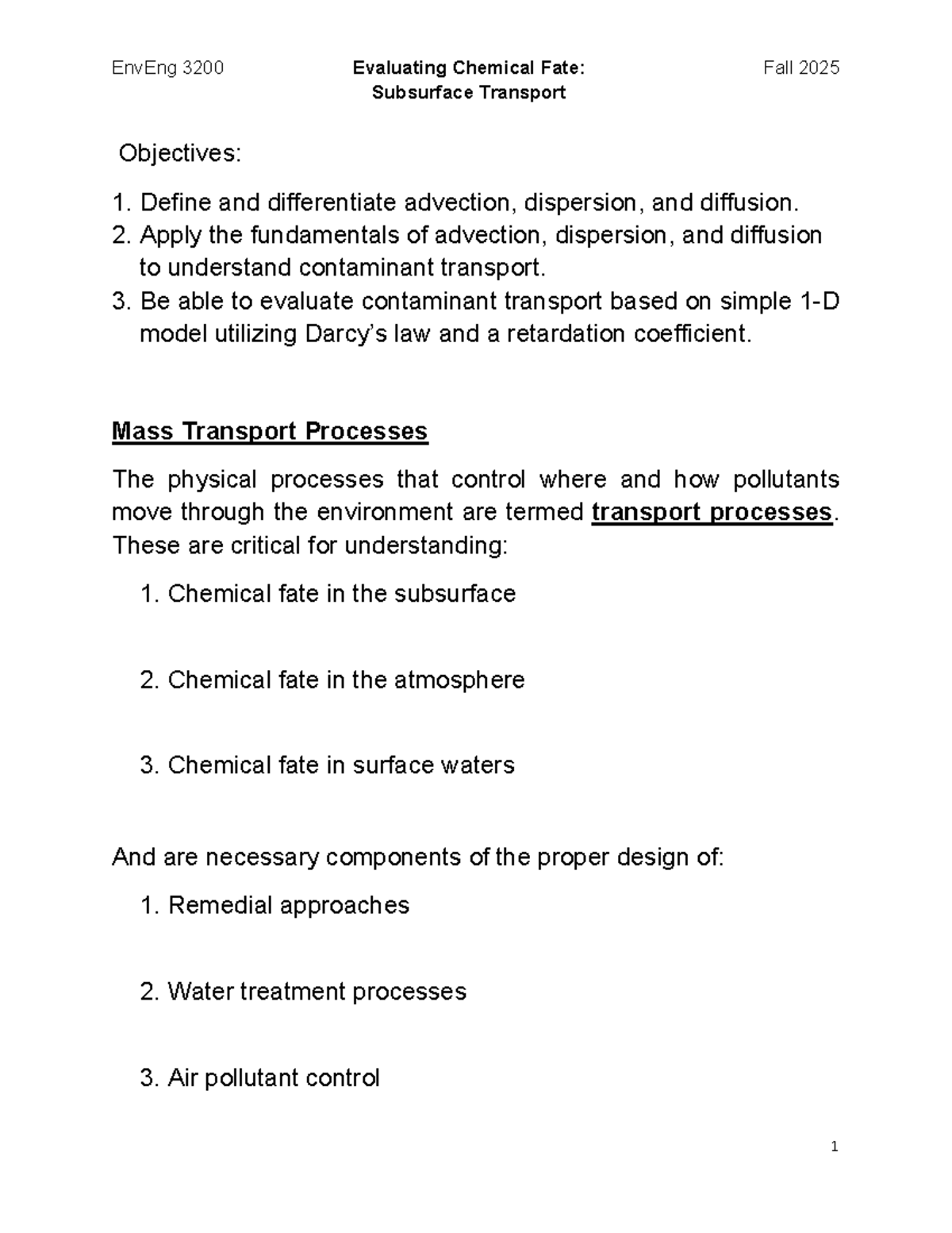 EnvEng 3200 Fall 2025: Chemical Fate & Subsurface Transport Overview ...