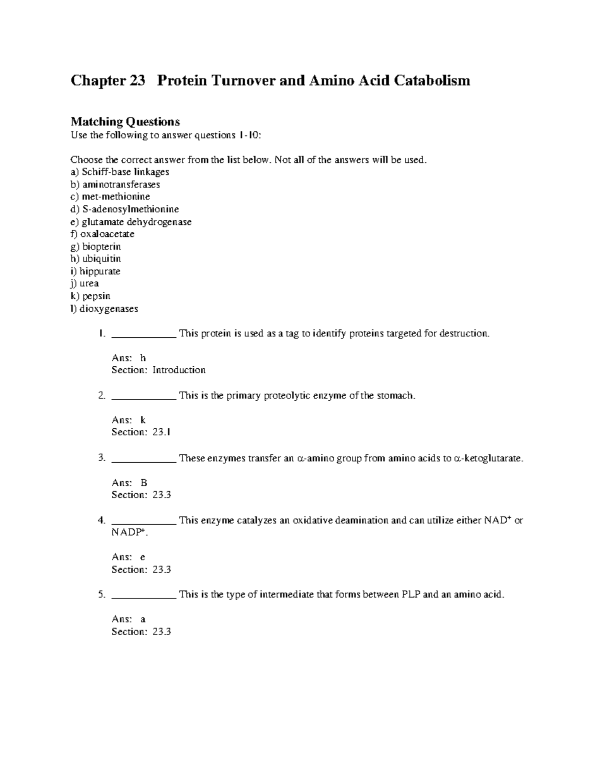 Biochemistry Test Bank: Chapters 16-23 Matching & Fill-in-the-Blank ...