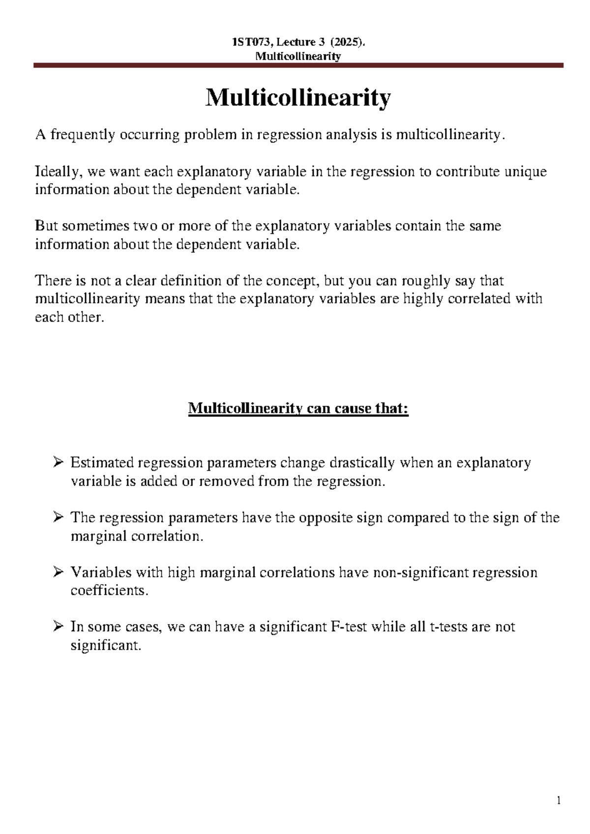 1ST073, Lecture 3: Analysis of Multicollinearity in Regression Models ...