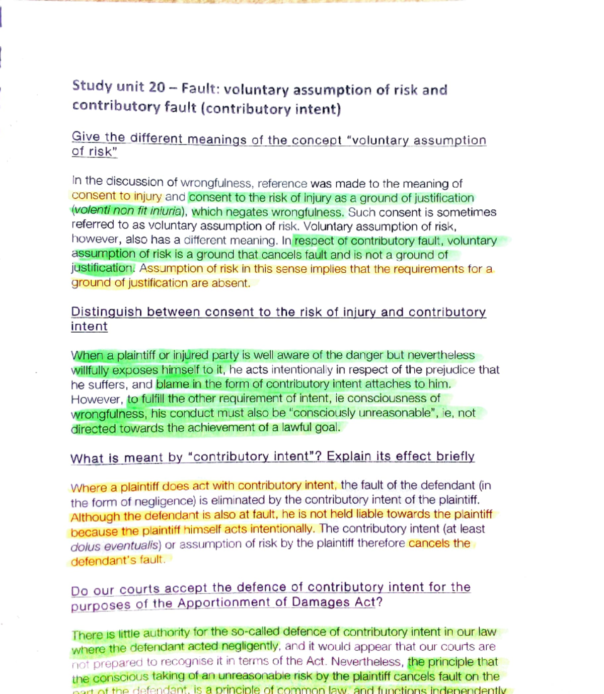 Study Unit 20: Voluntary Assumption of Risk & Contributory Fault - Studocu