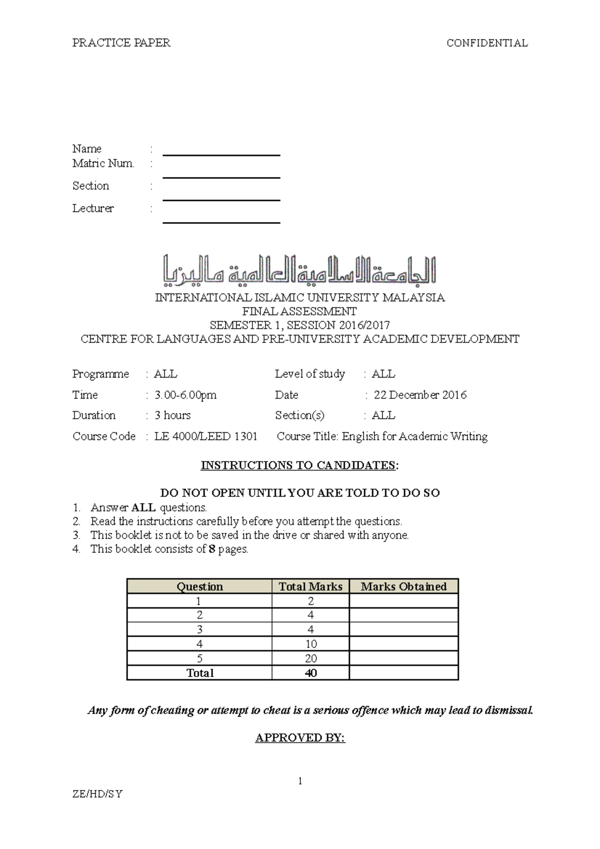 LEED 1301 FINAL EXAM QUESTION SEMESTER 1 - Name : Matric Num. : Section ...