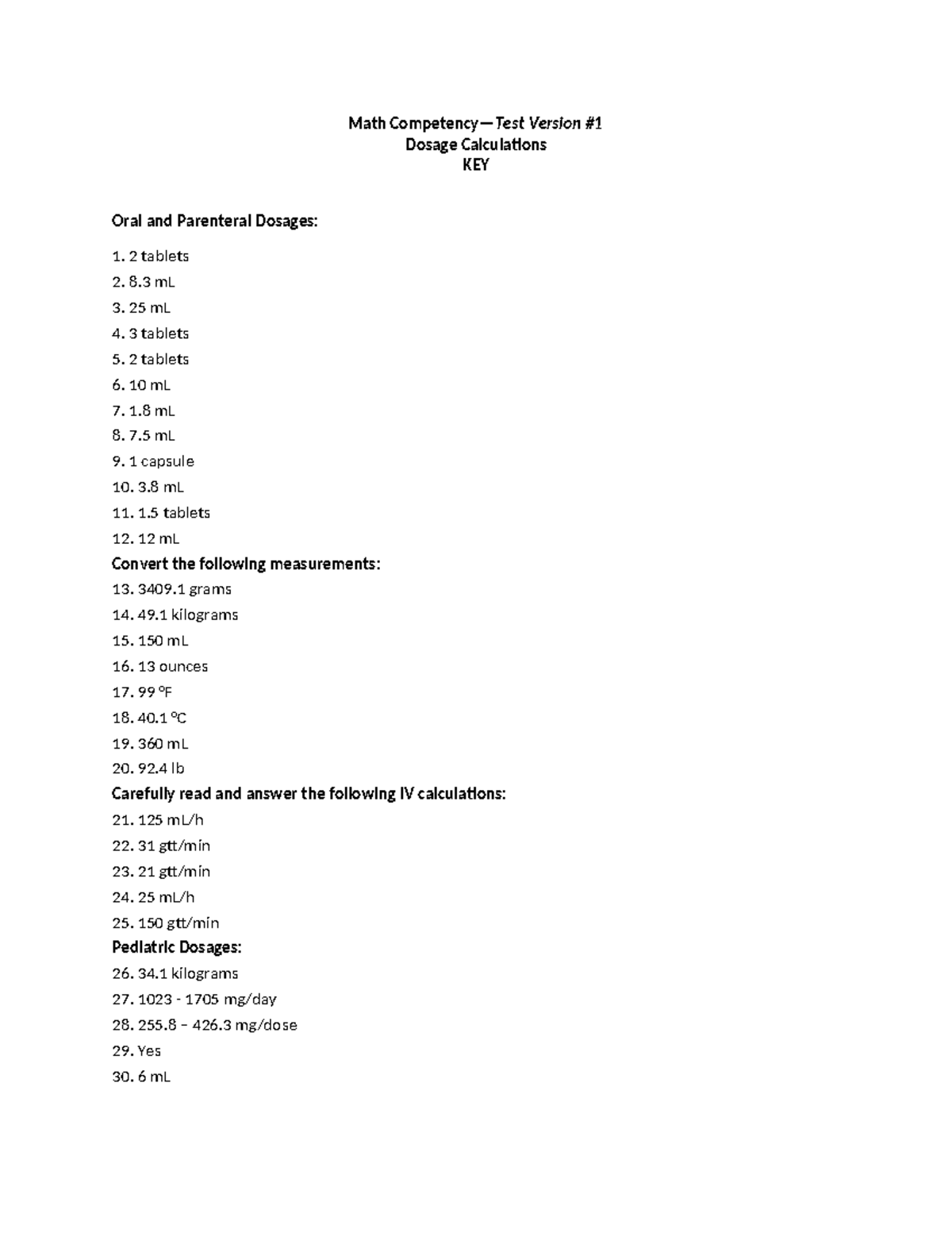2020 Dosage Competency Version 1 KEY - Math Competency—Test Version ...
