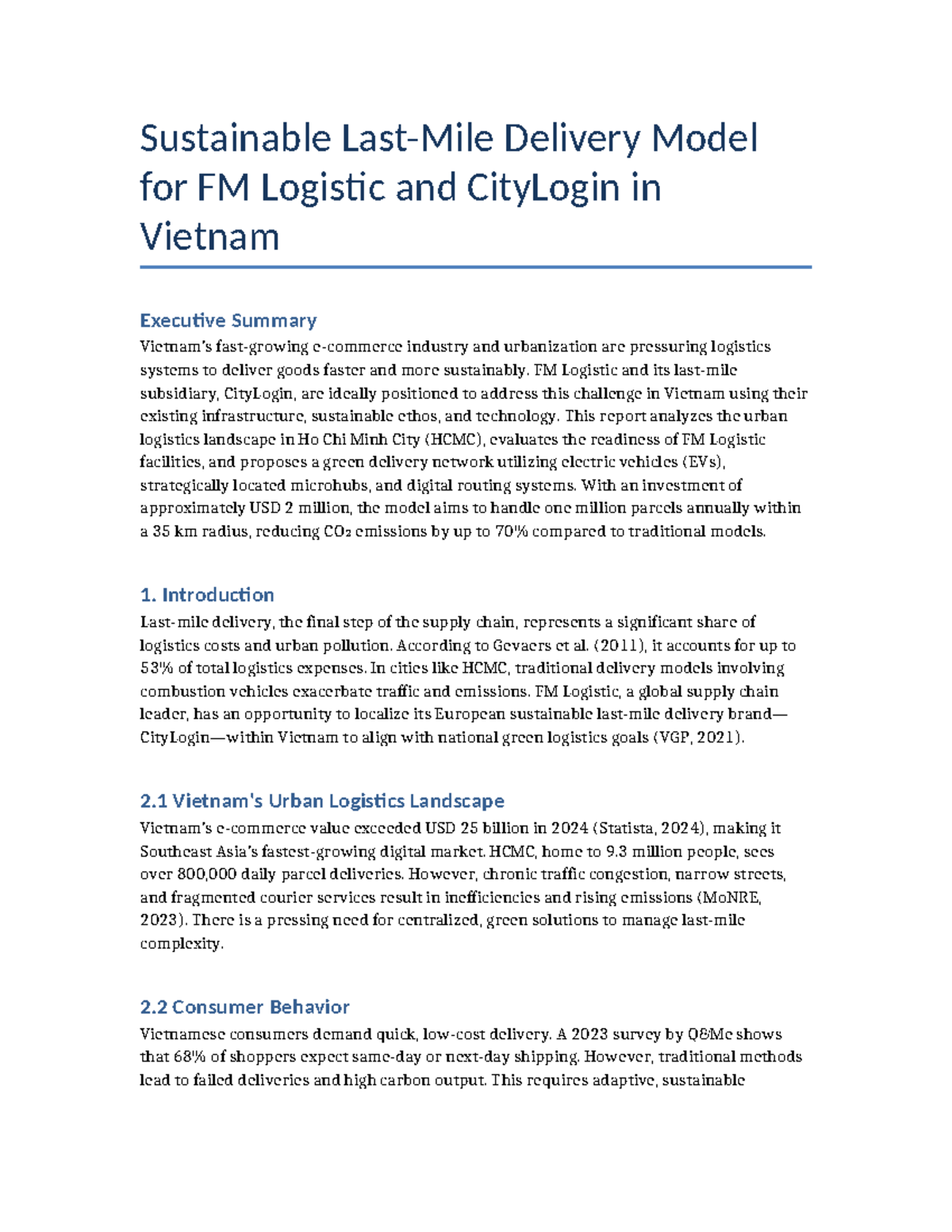 Sustainable Delivery Model for FM Logistic & CityLogin in Vietnam: Exec ...