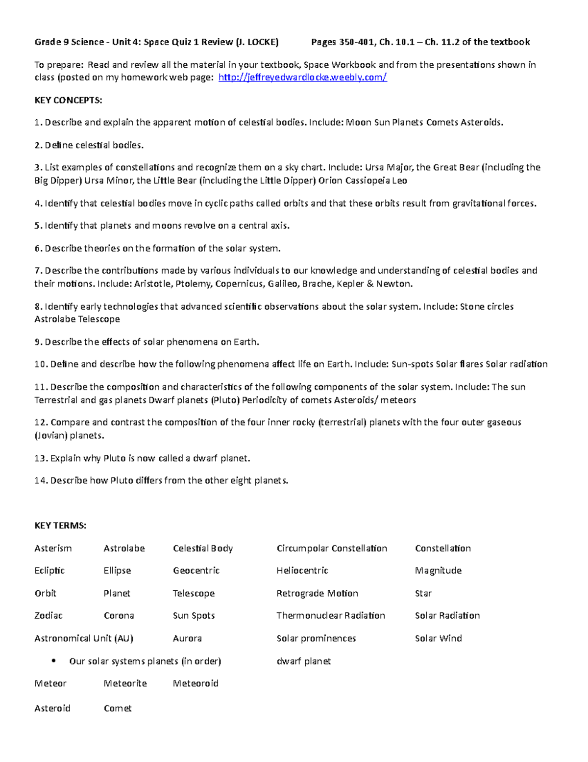 9th Grade Science Space Unit Quiz 1 Review (J. LOCKE) - Studocu