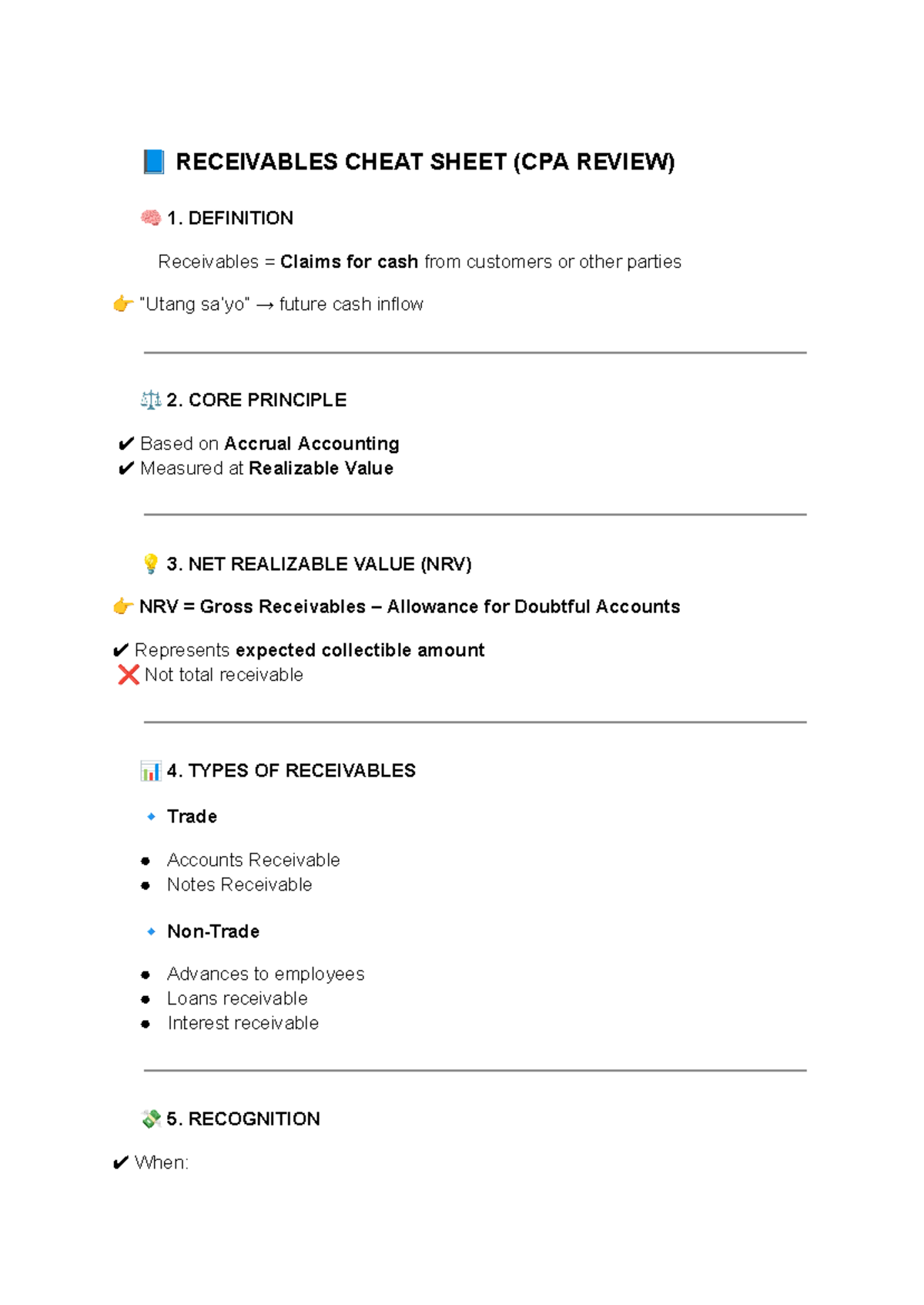 RECEIVABLES CHEAT SHEET (CPA REVIEW) - KEY CONCEPTS & TIPS - Studocu