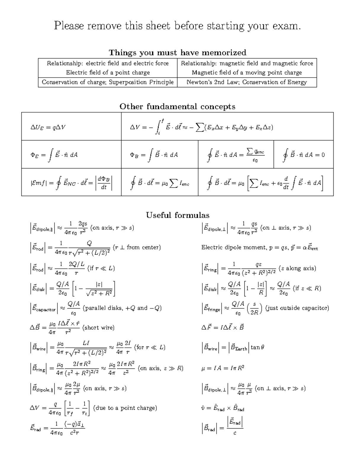 2212 Final Exam Formula Sheet for Electric and Magnetic Fields - Studocu