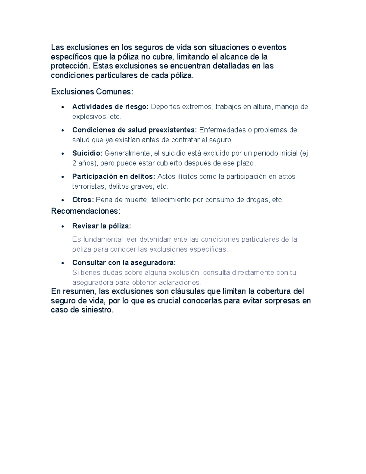 Exclusiones Comunes en Seguros de Vida: Guía Esencial - Studocu