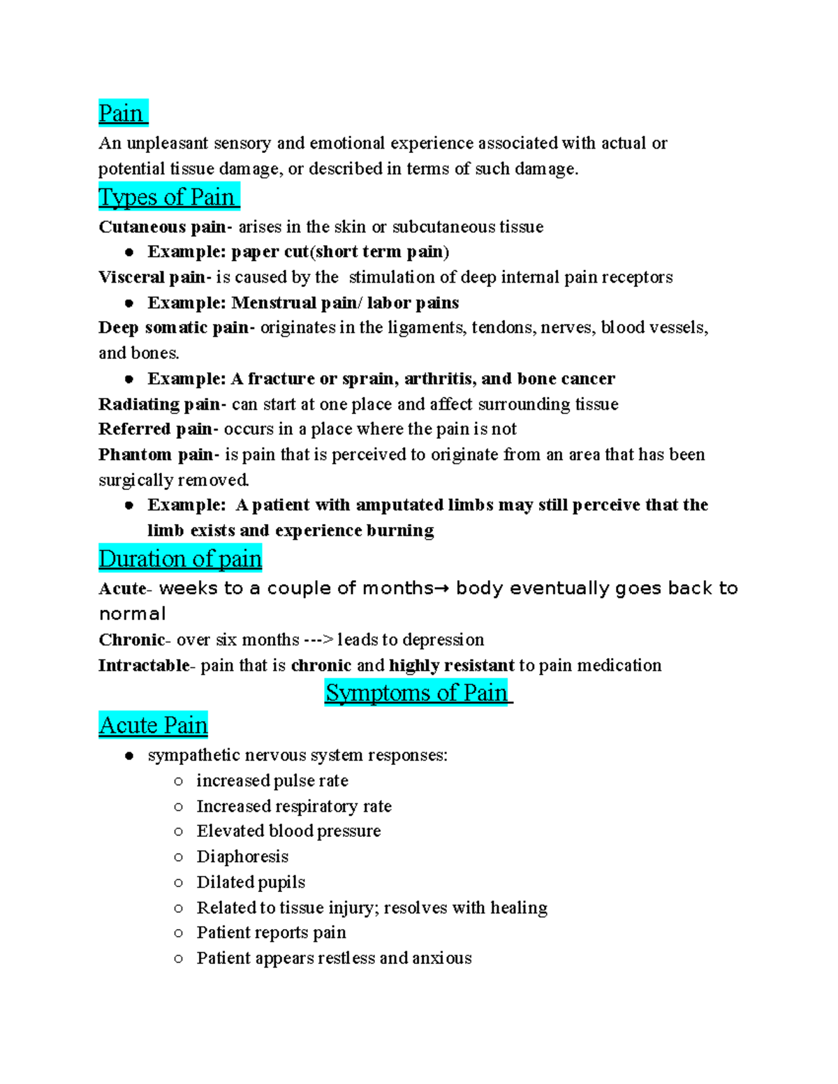Pain - Lecture notes 7 - Pain An unpleasant sensory and emotional ...