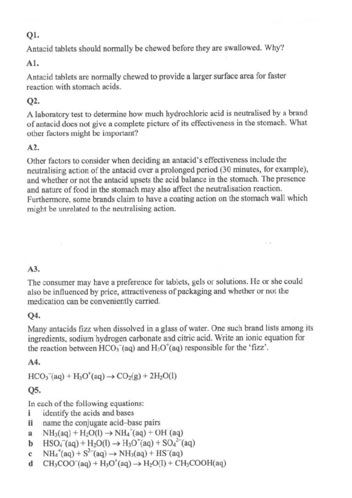 Chemistry Acid-Base Practice Questions (Q1-Q6) - Studocu