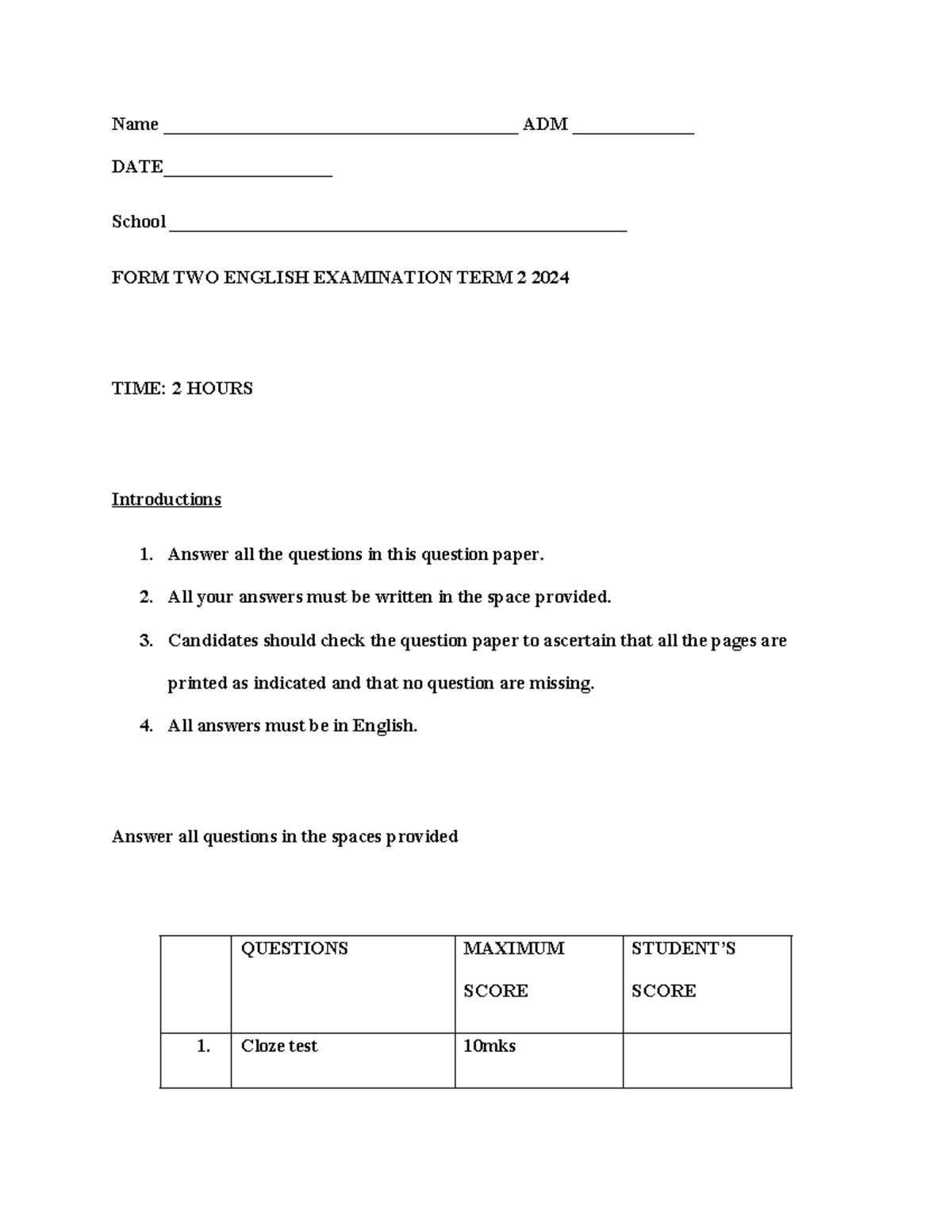Form Two English Examination: Term 2 2024 - Studocu