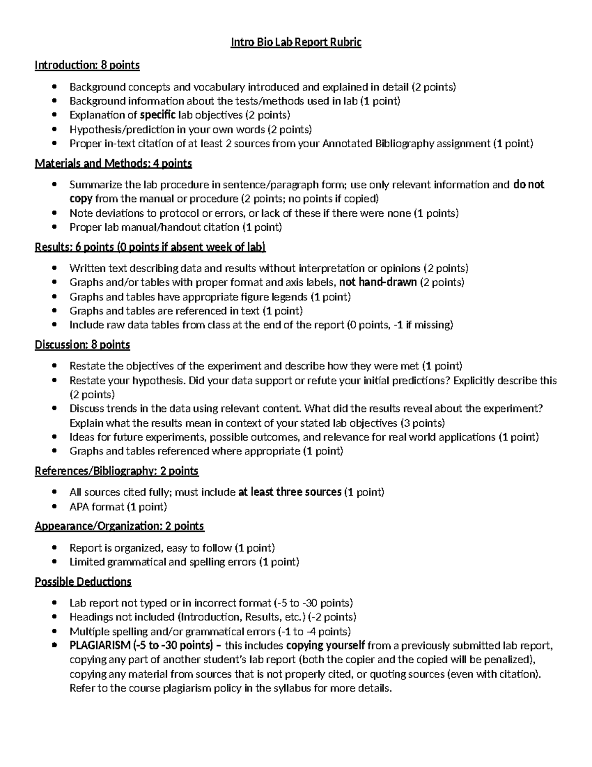 Introductory Biology Lab Report Rubric (BIO 101) - Studocu