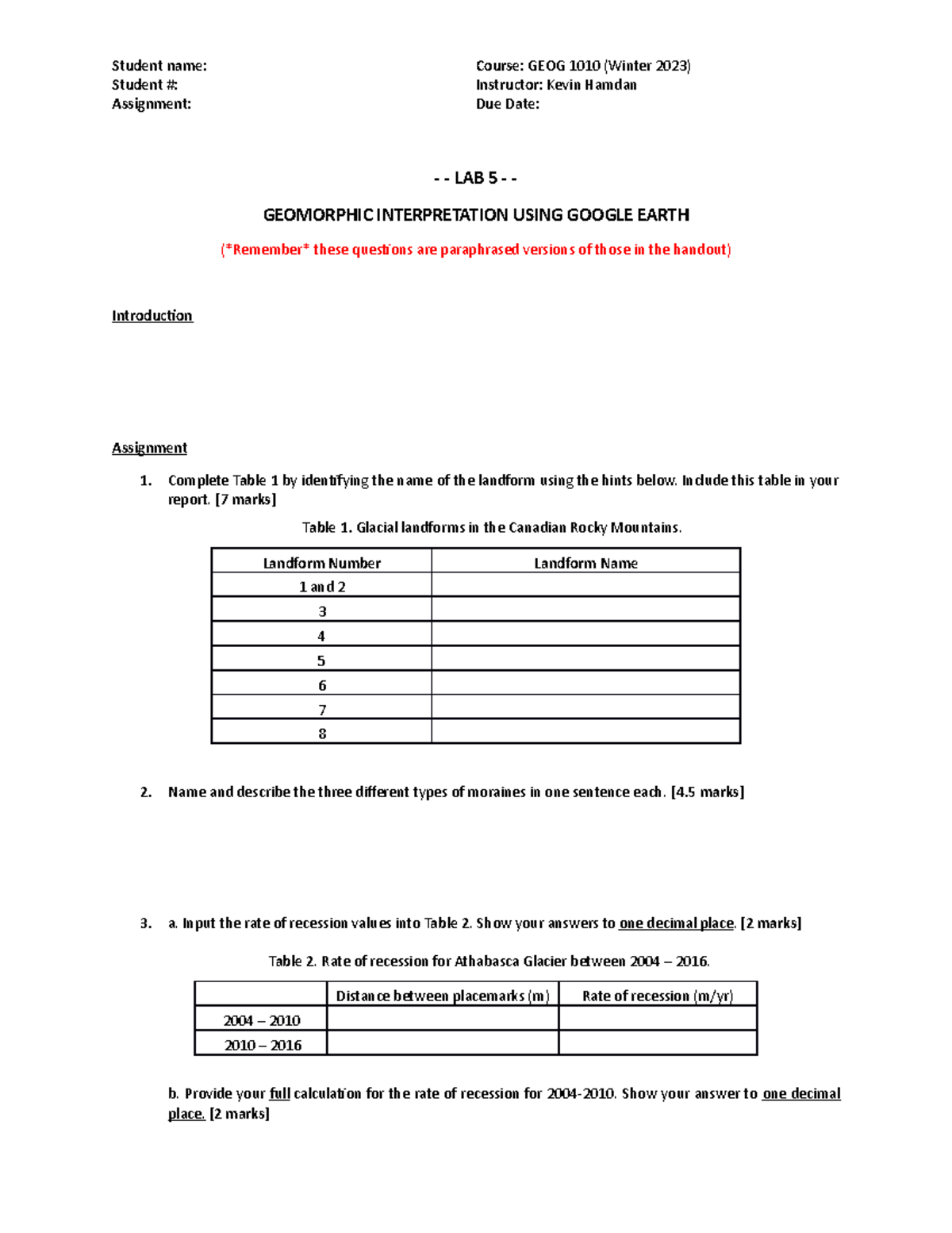 GEOG1010 - Lab 5 Report on Glacial Landforms & Moraines - Studocu