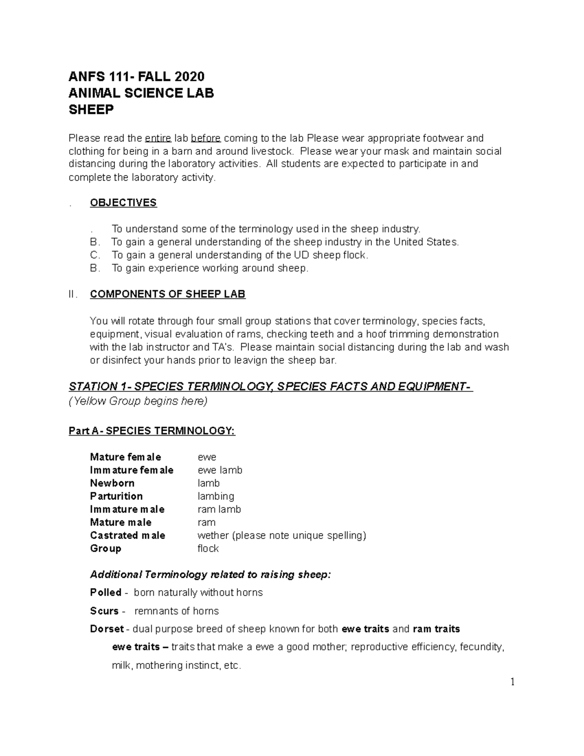 Sheep Management Lab Handout - ANFS 111- FALL 2020 ANIMAL SCIENCE LAB ...