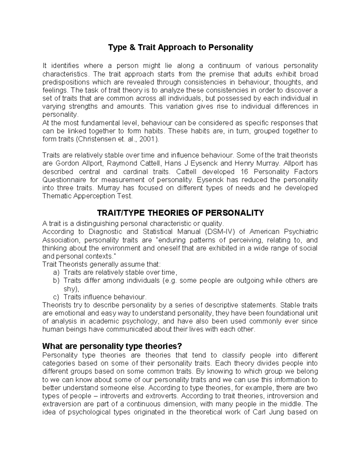 Type and trait approaches to personality - Type & Trait Approach to ...