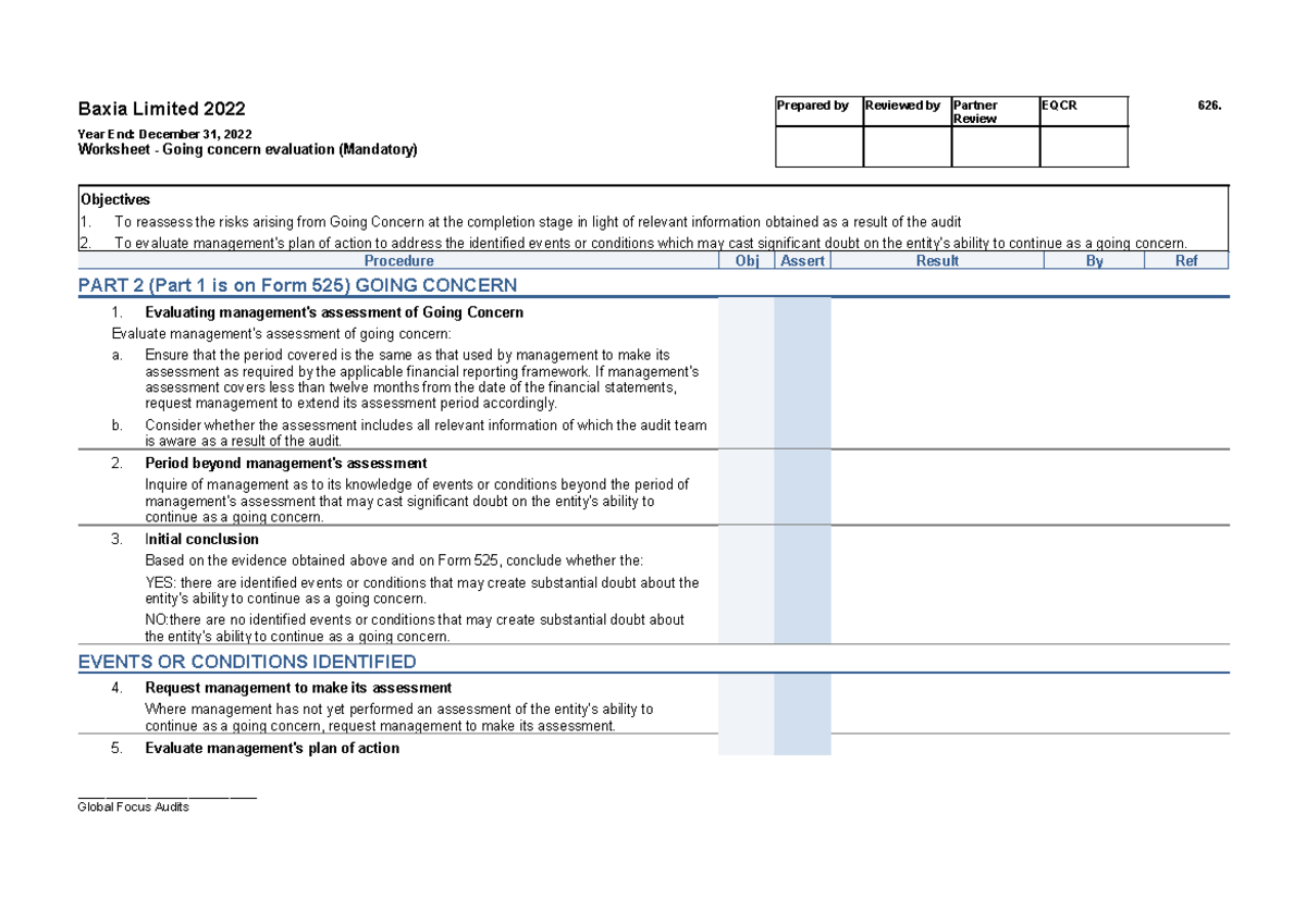 Worksheet - Going Concern Evaluation (Mandatory) - EQCR 626 - Studocu