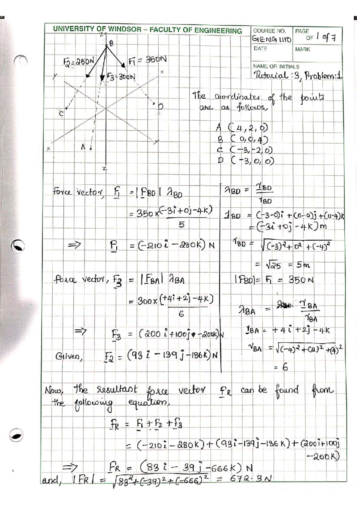 Tutorial 3 Solutions: Force Vectors and Equilibrium Analysis - ENG 350 ...