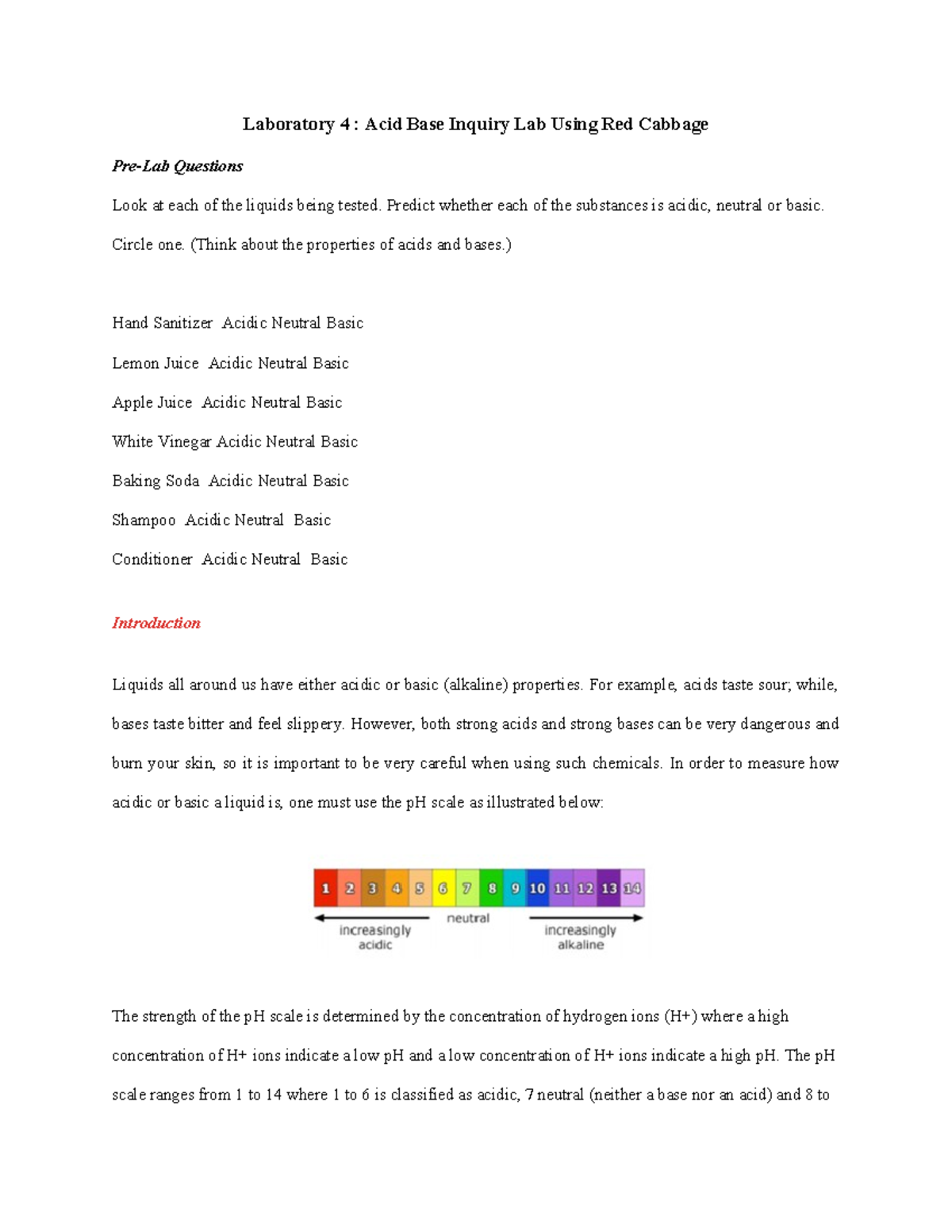 Lab 4: Acid-Base Inquiry with Red Cabbage for pH Testing - Studocu