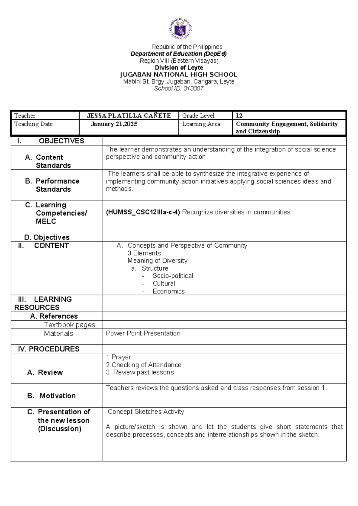 CESC JAN 21 LP - lesson plan - Republic of the Philippines Department ...
