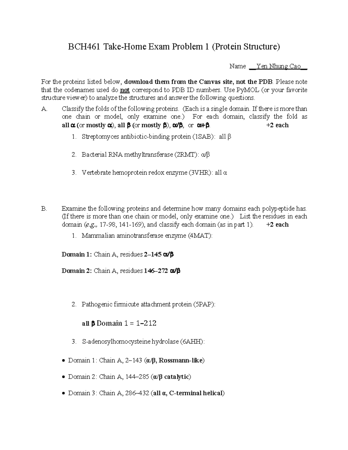 BCH461 Final Exam Problem 1: Protein Structure Analysis - Studocu