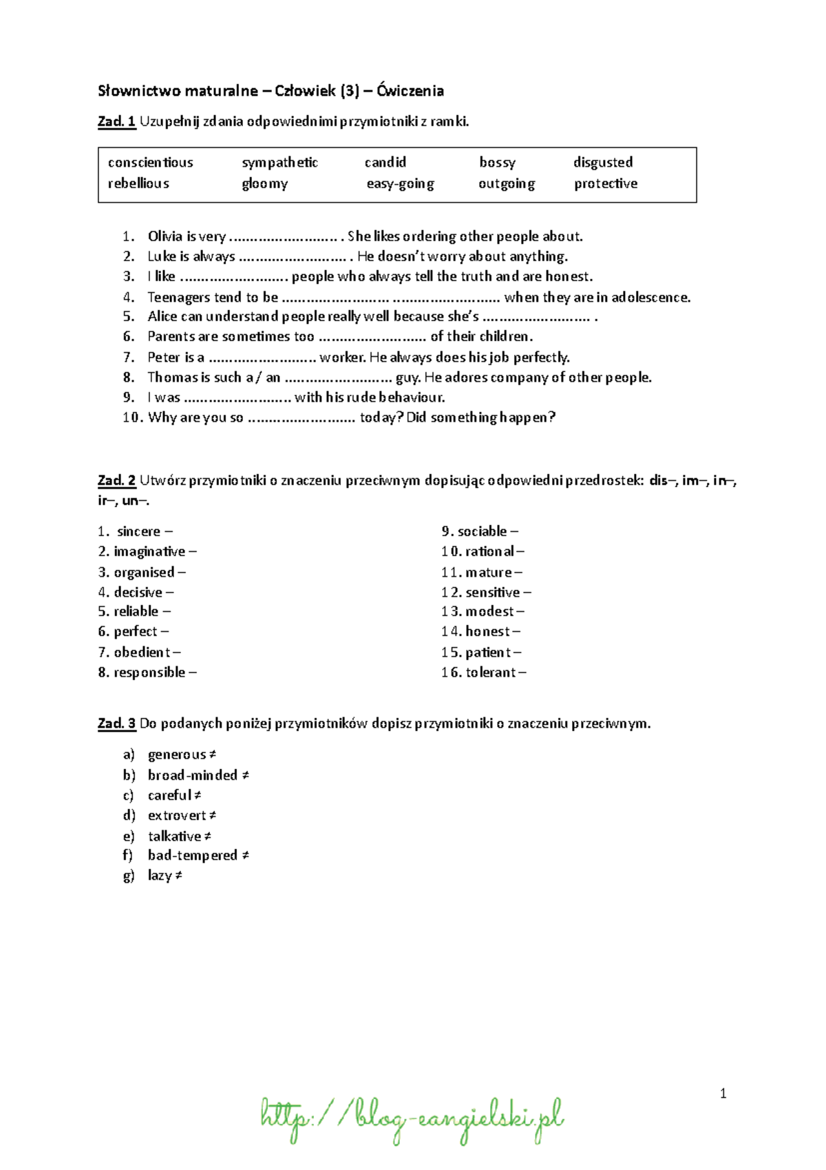 Słownictwo maturalne Człowiek (3) – Ćwiczenia i Przymiotniki - Studocu
