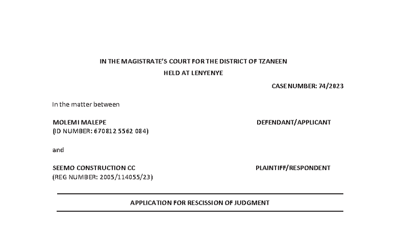A5626 - Application for Rescission of Judgment - Molemi Malepe - Studocu