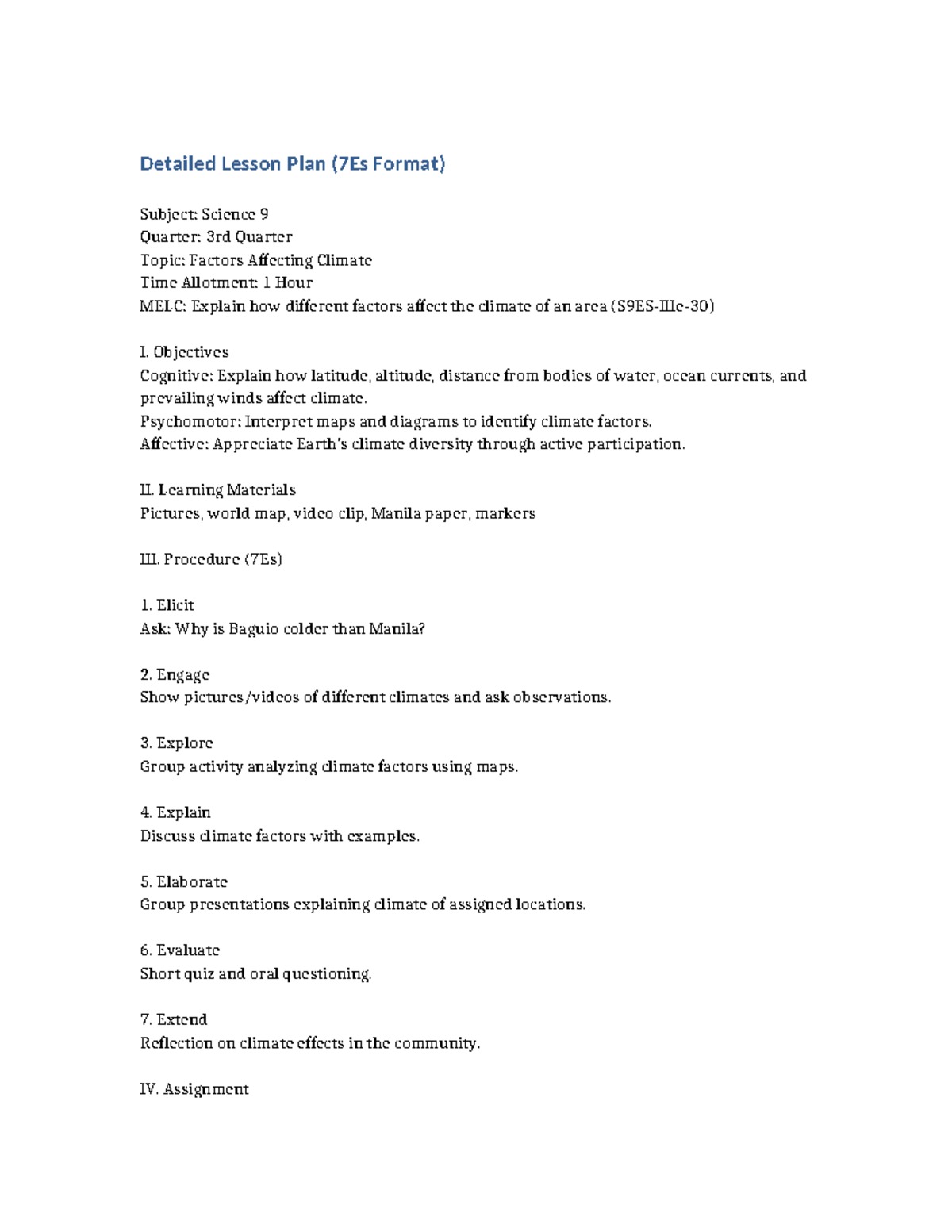 Science 9 7Es Lesson Plan: Factors Affecting Climate - Studocu