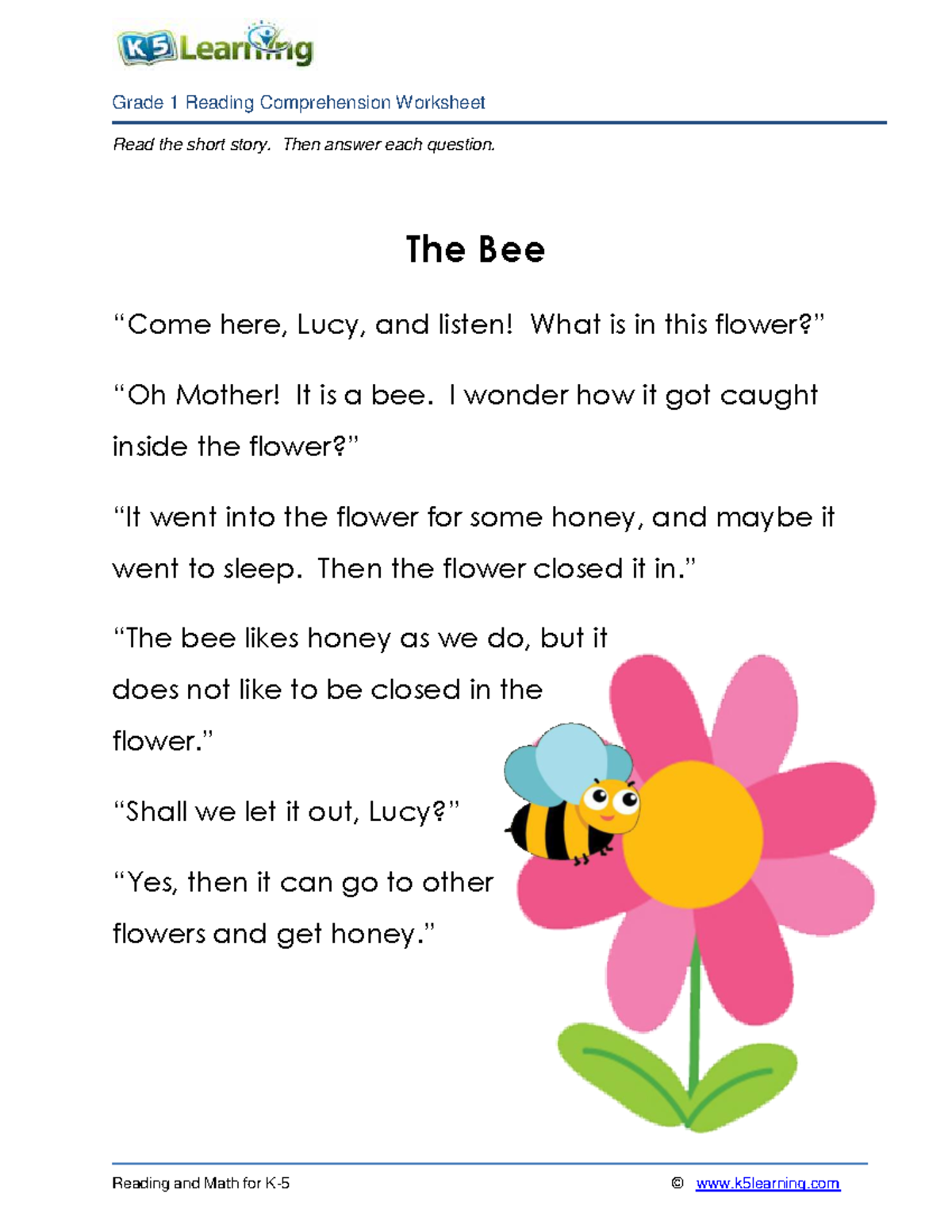 Grade 1 Reading Comprehension: The Bee Story Worksheet - Studocu