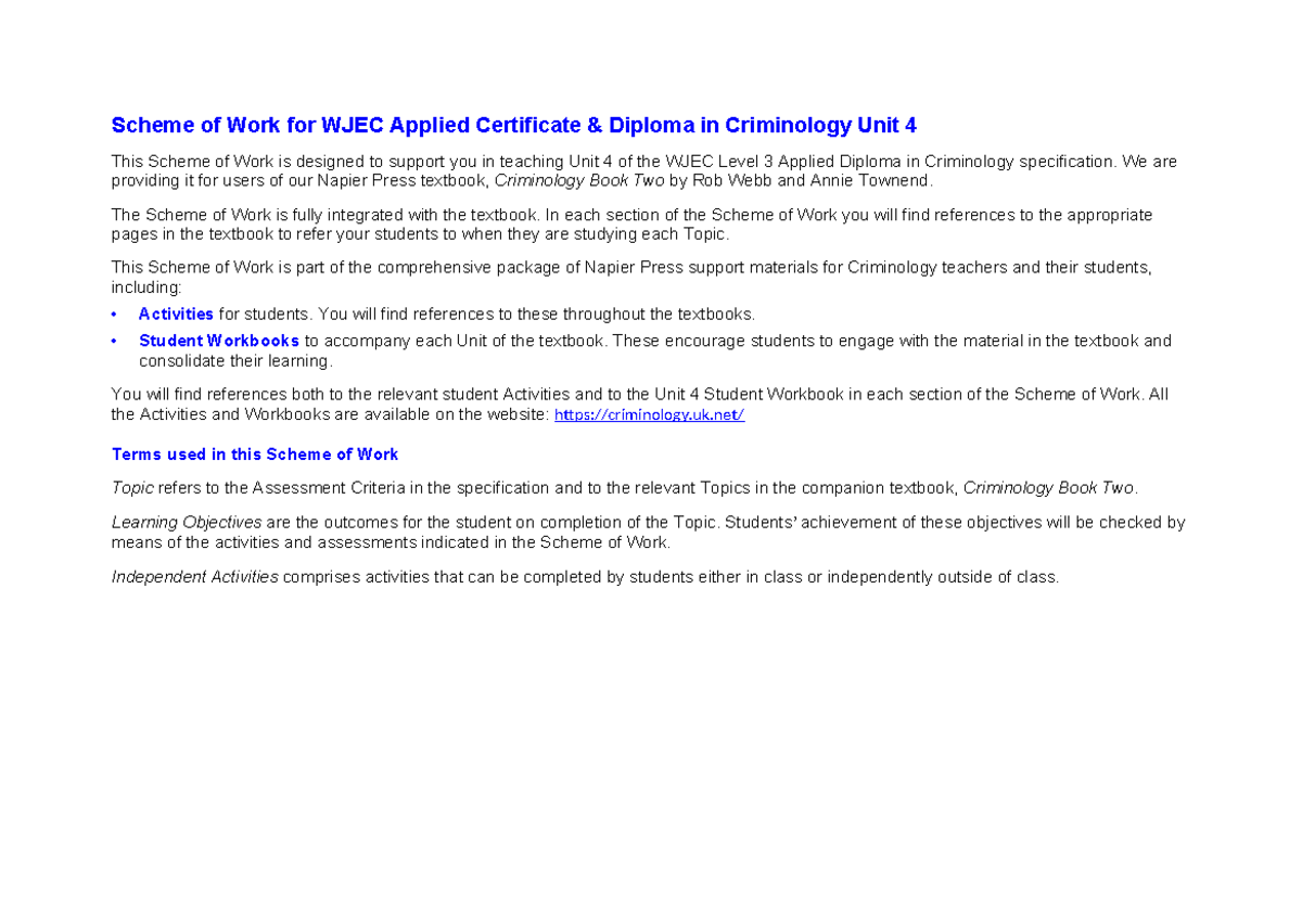Scheme of Work for WJEC Criminology Unit 4: Teaching & Learning Guide ...