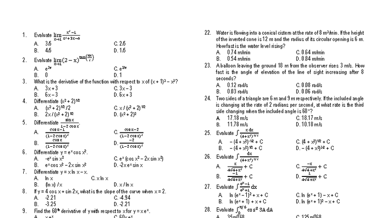Calculus Concepts and Limit Evaluations - MATH 101 - Studocu