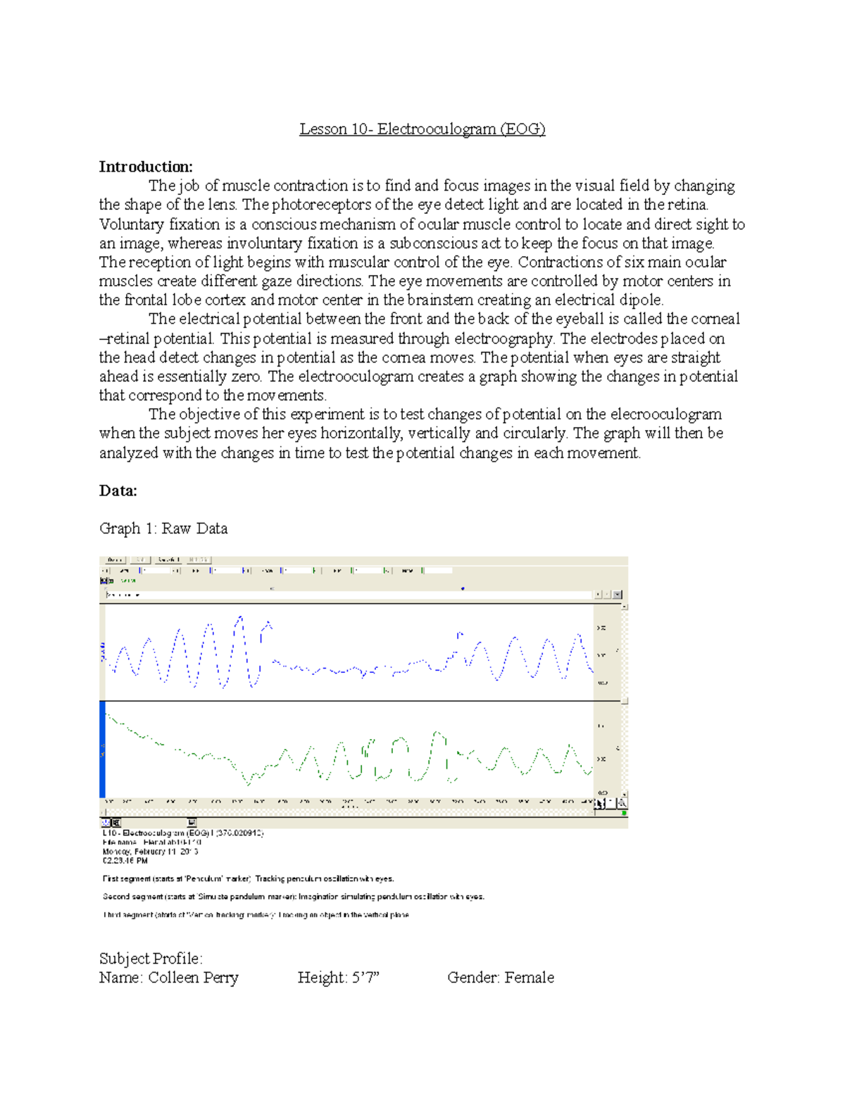 BIOE 210 Lab 4 - Electrooculogram (EOG) Analysis and Findings - Studocu