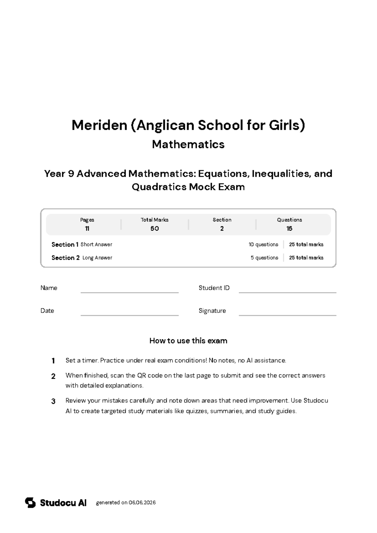 Year 9 Adv Math Mock Exam: Equations & Inequalities - Studocu