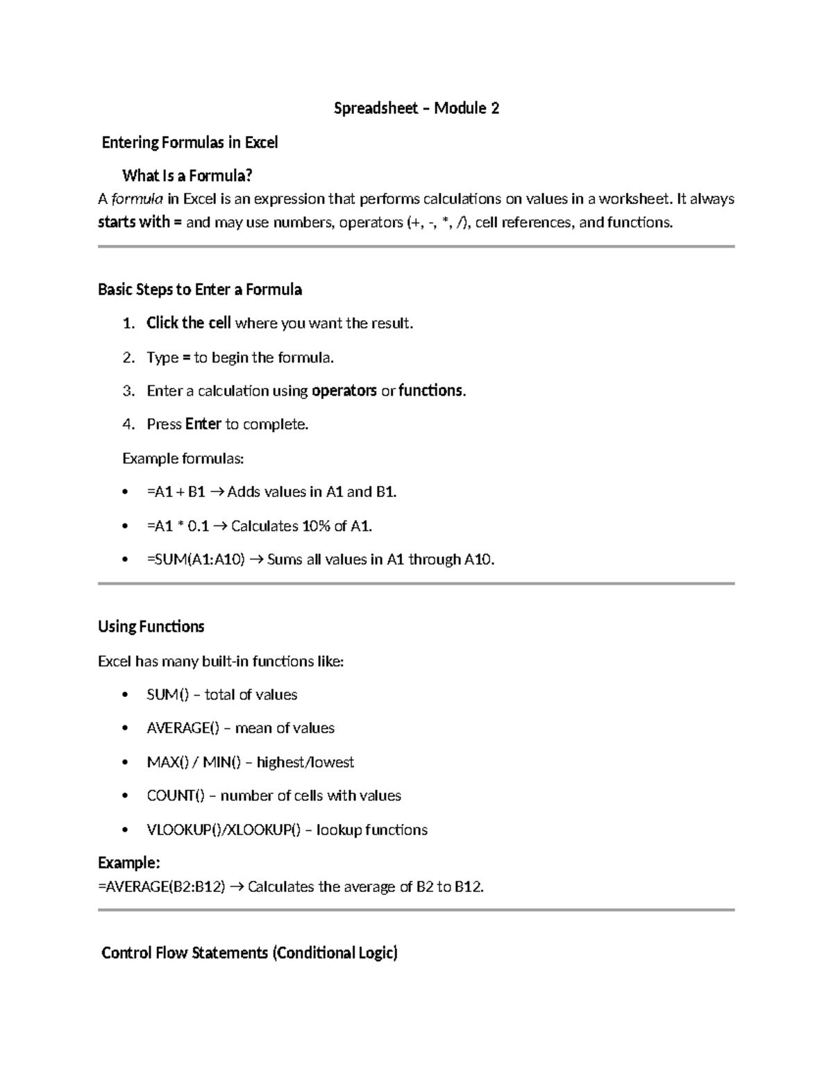 Spreadsheet Module 2 - Lecture Notes on Excel Formulas and Functions ...