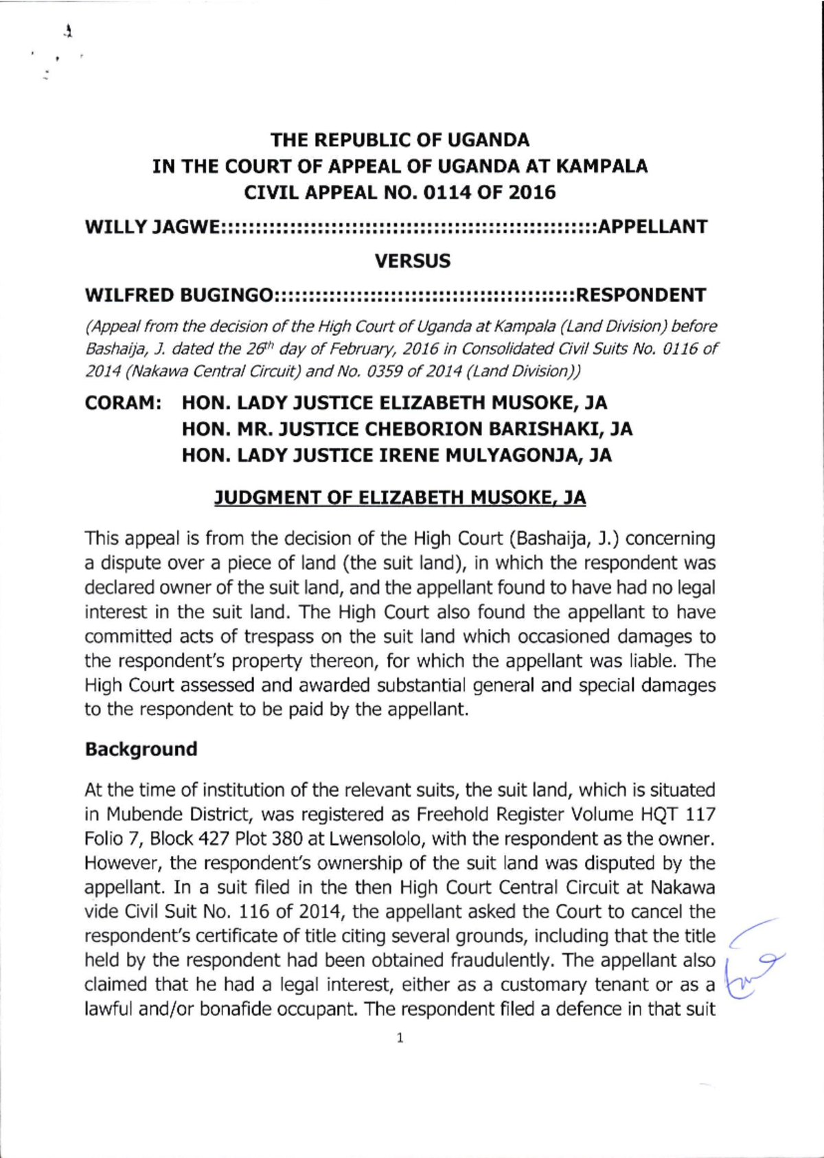 Jagwe v Bugingo: Civil Appeal No. 114 of 2016 - Judgment Analysis - Studocu