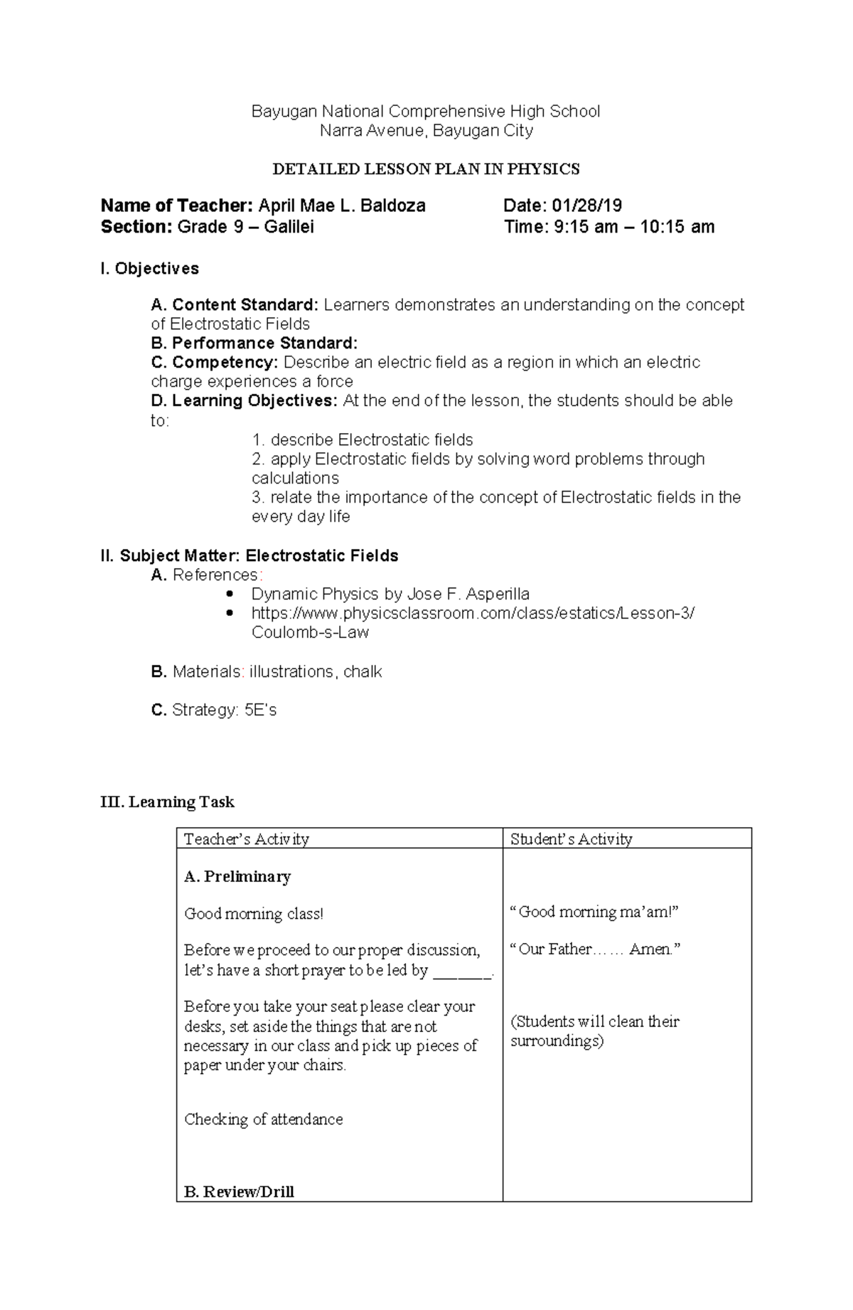 Detailed Lesson Plan in Physics: Electric Fields (Grade 9) - Studocu