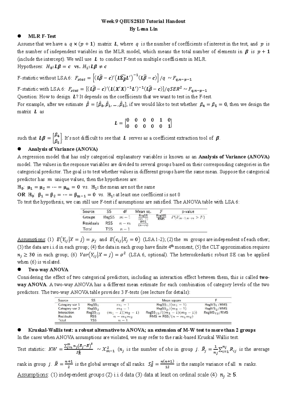 Week 9 QBUS2810 MLR & ANOVA Tutorial Handout by Lena Lin - Studocu