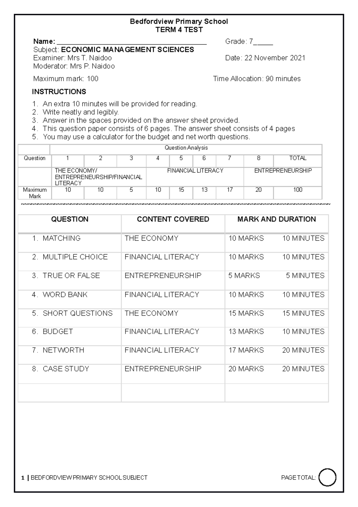 Grade 7 EMS Term 4 Test - Economic Management Sciences - Studocu