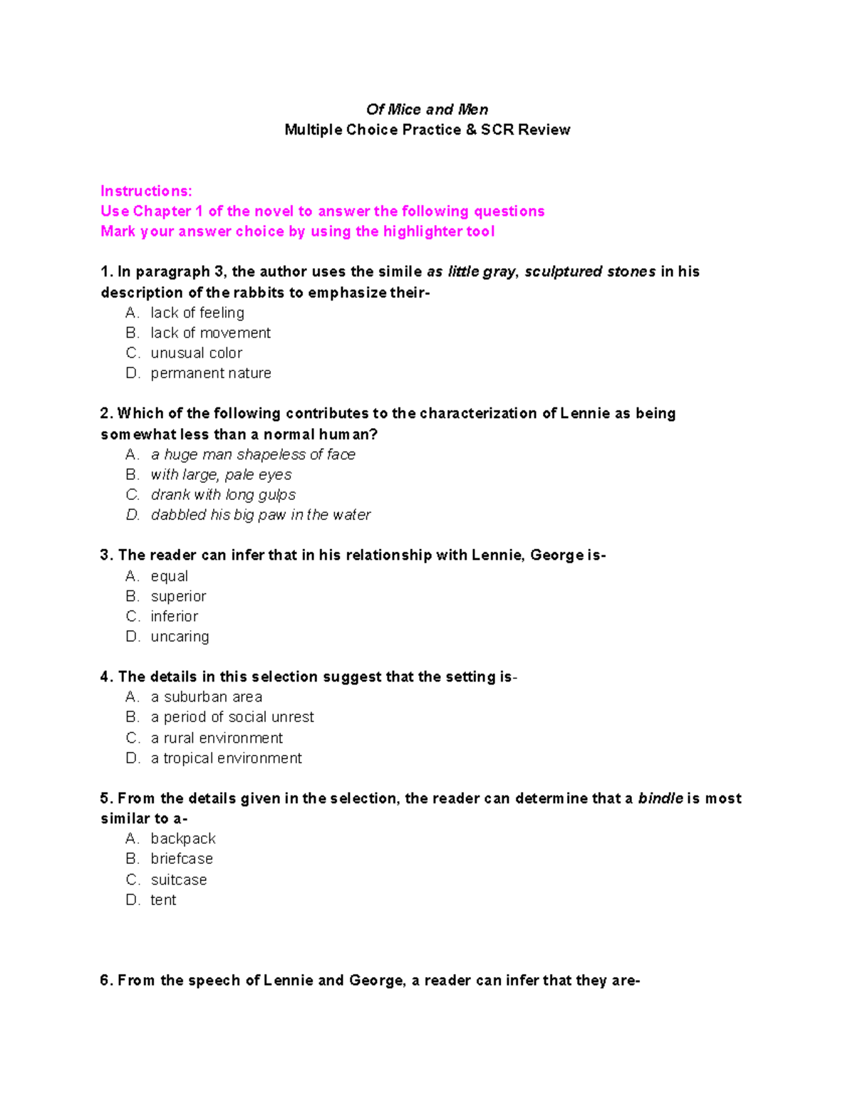 Ch. 1 Of Mice and Men - MC Practice & SCR Review Guide - Studocu